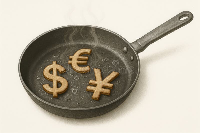 A Frying Pan with Currency Symbols on a Hot Surface. Stock Photo ...