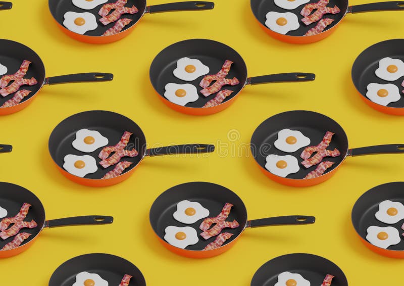 Frying Pan with Eggs and Bacon in Isometric Seamless Pattern. 3d ...