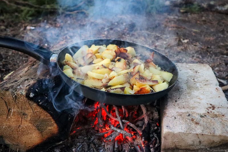 Cooking Potatoes on a Campfire Outdoors. Fishing and Camping in the ...