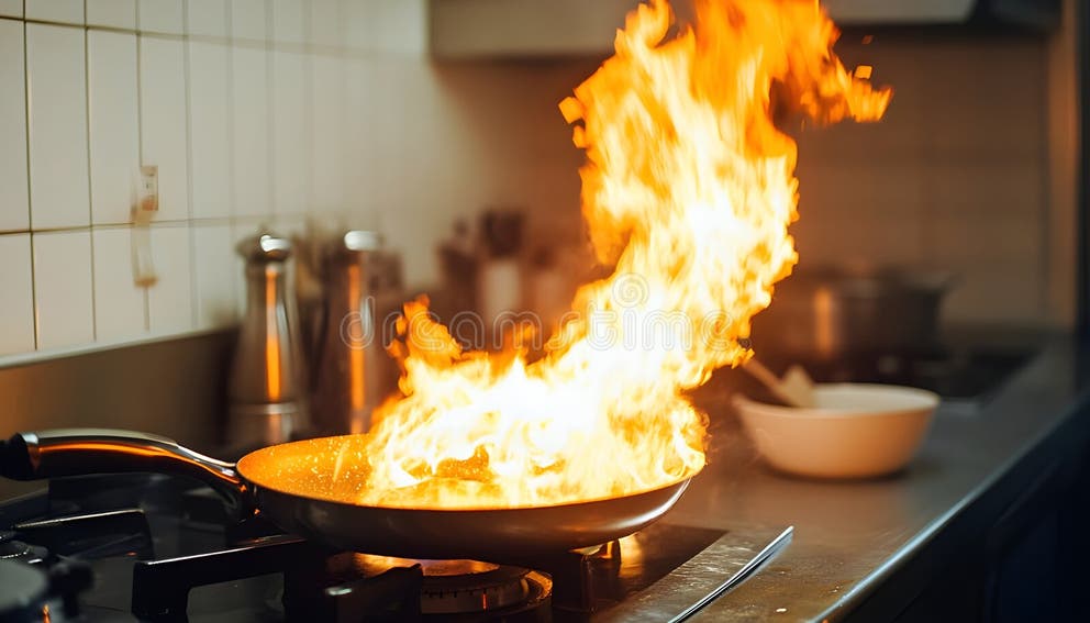 Frying Pan with Flames Leaping from it in a Dramatic Kitchen Accident ...