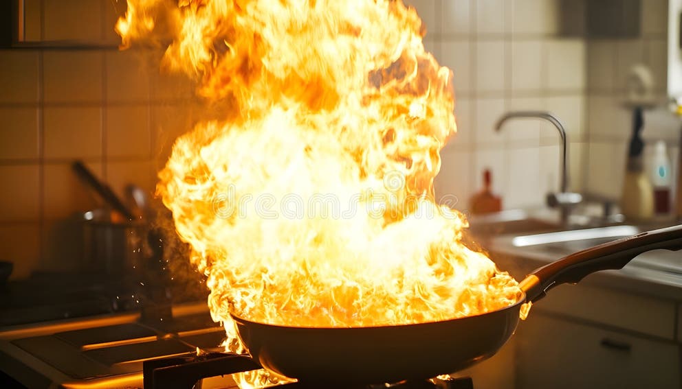 Frying Pan with Flames Leaping from it in a Dramatic Kitchen Accident ...