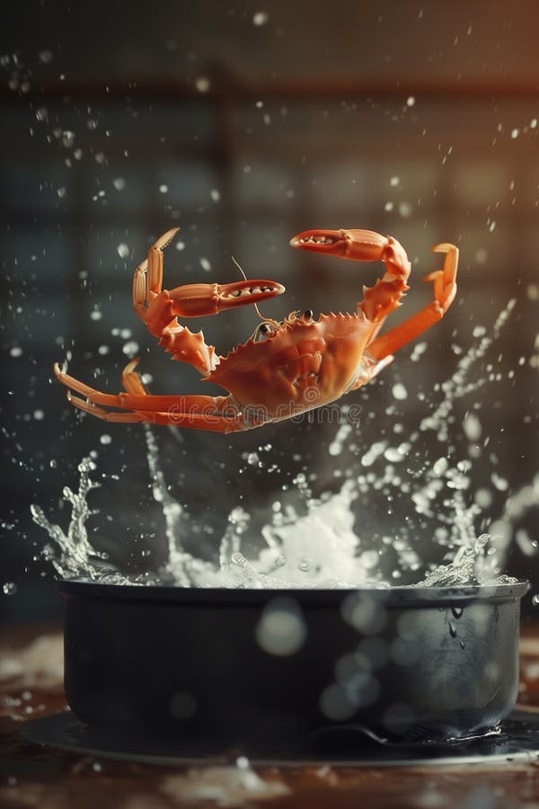 The Frying Pan with Flying Crab on Dark Background Stock Illustration ...