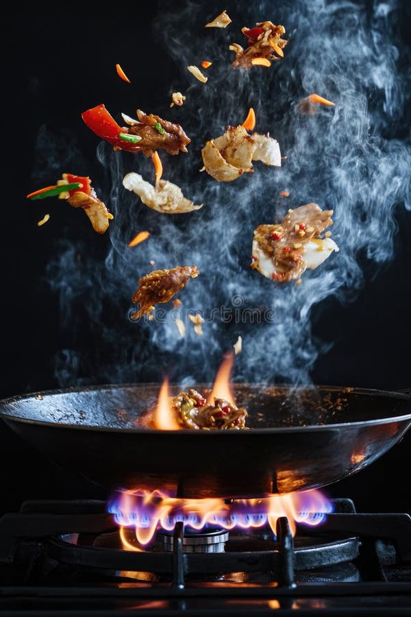Frying Pan with Food Flying Out, Ideal for Culinary or Kitchen Scenes ...