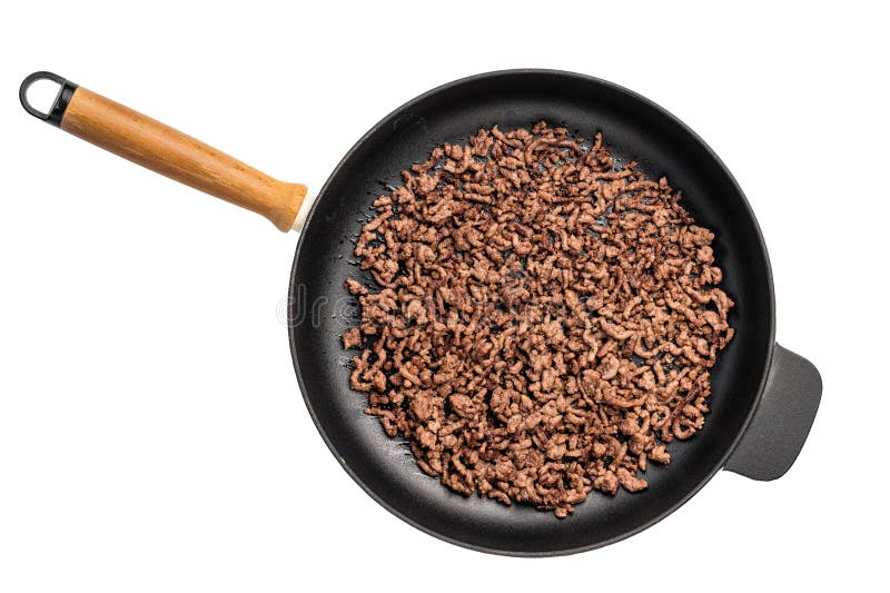 Frying Pan with Fried Mince Beef Meat, Fresh Cooked Forcemeat Isolated ...