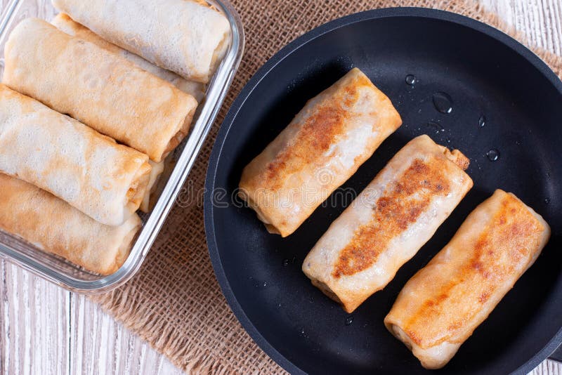 Frying Pan with Fried Pancake Roll Stock Image - Image of healthy, dish ...