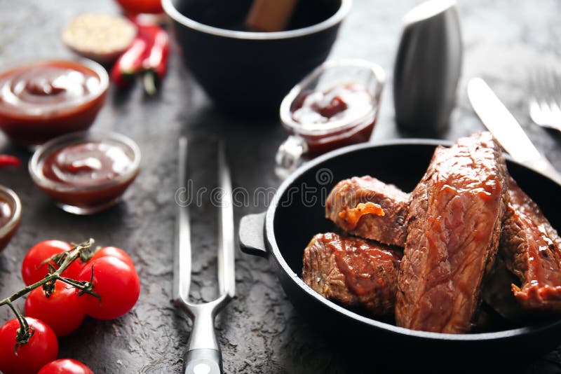 Frying Pan with Grilled Meat on Table Stock Image - Image of object ...