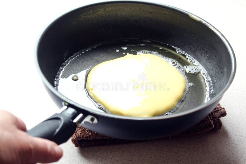 Frying Pan in Hand with a Pancake Cooking, Close - Up-the Concept of ...