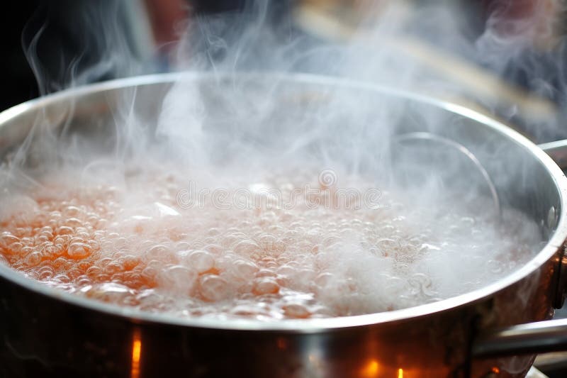 Frying Pan with Hot Boiling Water and Steam, Close-up Stock ...