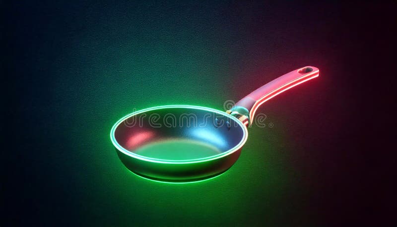 Frying Pan Illuminated with Neon Lights in a Dark Environment Stock ...