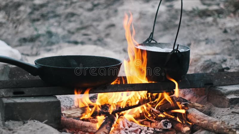 Campfire Cooking Scene stock footage. Video of camping - 336627770