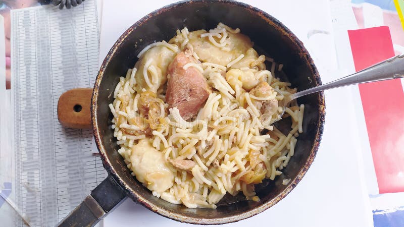 Frying Pan with Prepared Food Meat and Pasta Stock Image - Image of ...