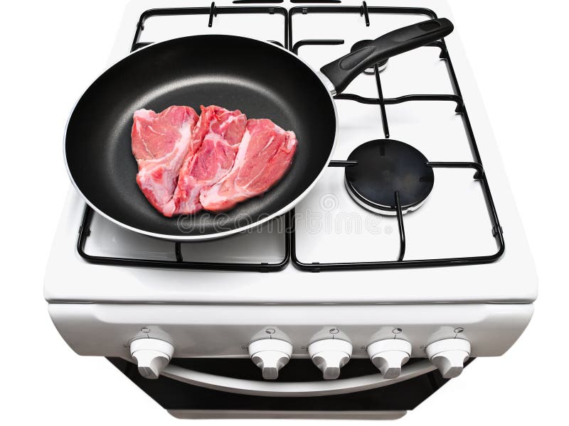Frying pan with raw meat stock photo. Image of kitchen - 11336622