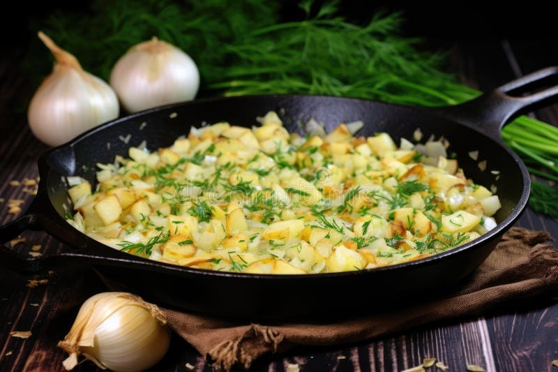 Frying Pan with Sizzling Garlic and Onions, Ready for Cooking Stock ...