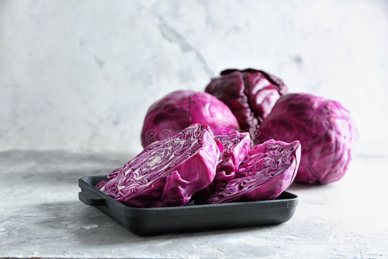 Frying Pan with Sliced Red Cabbage on Grey Table Stock Photo - Image of ...