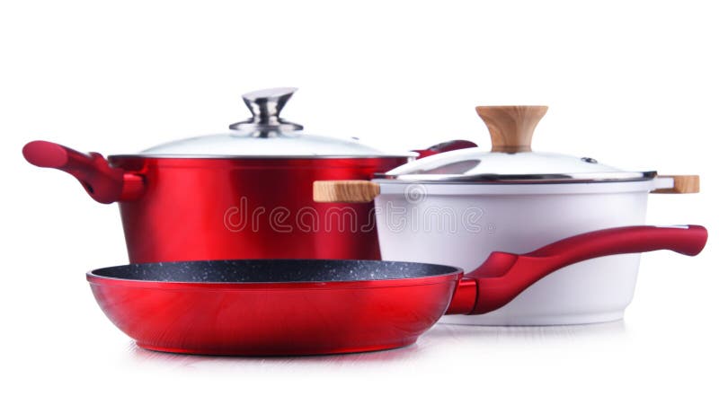 Frying Pan and Steel Pots Isolated on White Stock Image - Image of food ...