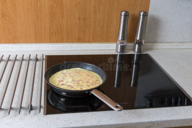 Frying Pan Stove Egg Omelette Being Made Salt Pepper Background Stock ...