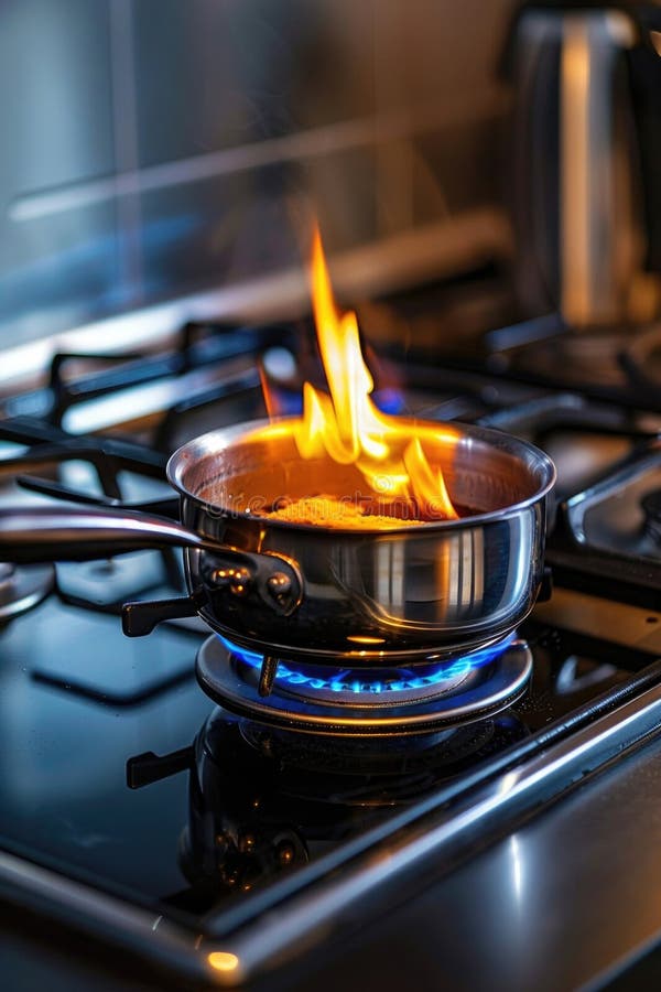 A Frying Pan on a Stove with a Flame Coming Out of it. Suitable for ...