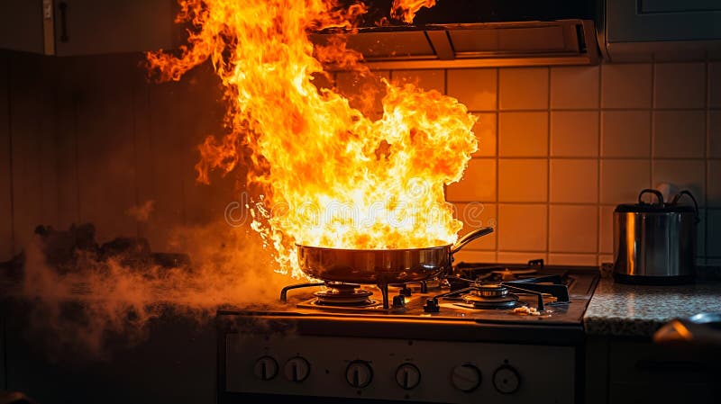 A Frying Pan on a Stove with Flames Coming Out of it Stock Image ...