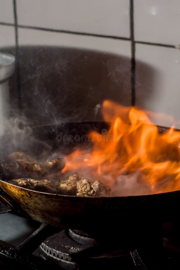 Frying Pan on the Stove Frying Meat , with Copy Space and Fire Stock ...