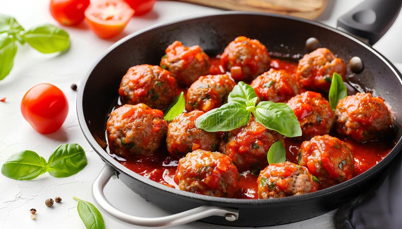 Frying Pan of Tasty Meat Balls with Tomato Sauce and Basil on White ...