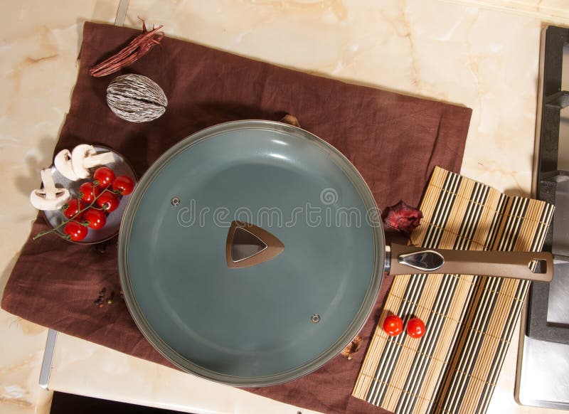 Frying pan on top view stock photo. Image of horizontal - 128327416