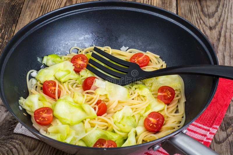 Frying Pan Wok with Spaghetti with Vegetables Stock Photo - Image of ...