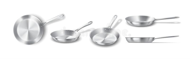 Frying Pans of Shiny Steel Realistic Vector Illustration Set Stock ...