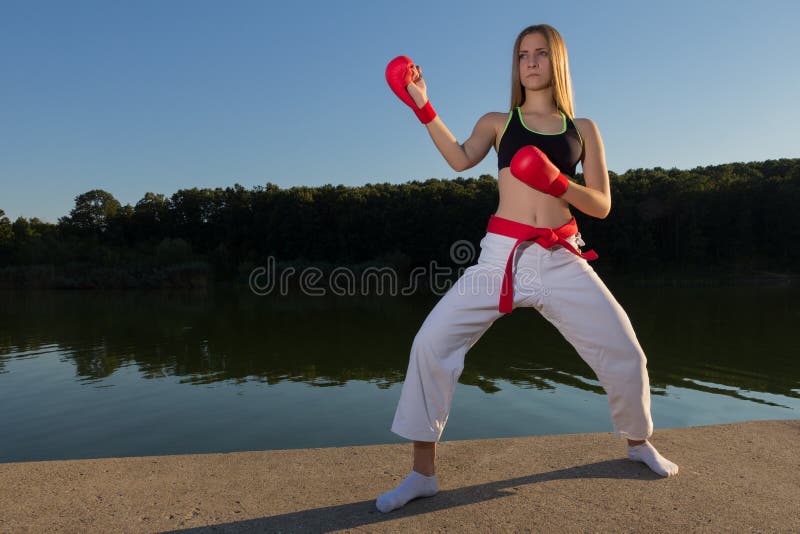Fudo Dachi Karate stock image. Image of gloves, lake - 78527033