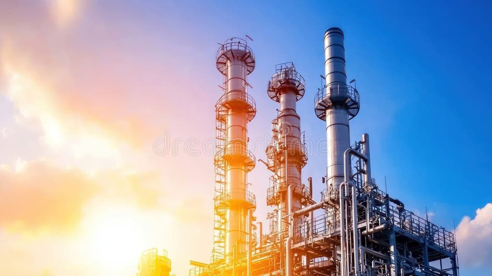 Fuel Processing Plant with Towering Distillation Columns Under Bright ...