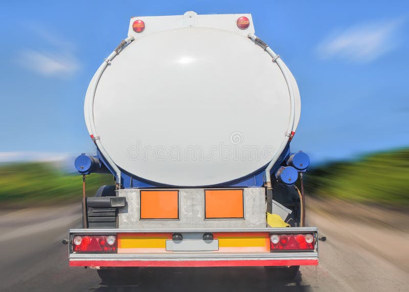 Gasoline Tanker Moves on a Country Road. Back View Stock Image - Image ...