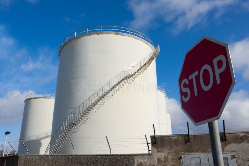 Fuel Tanks and Road Sign Stop Stock Image - Image of manufacturing ...