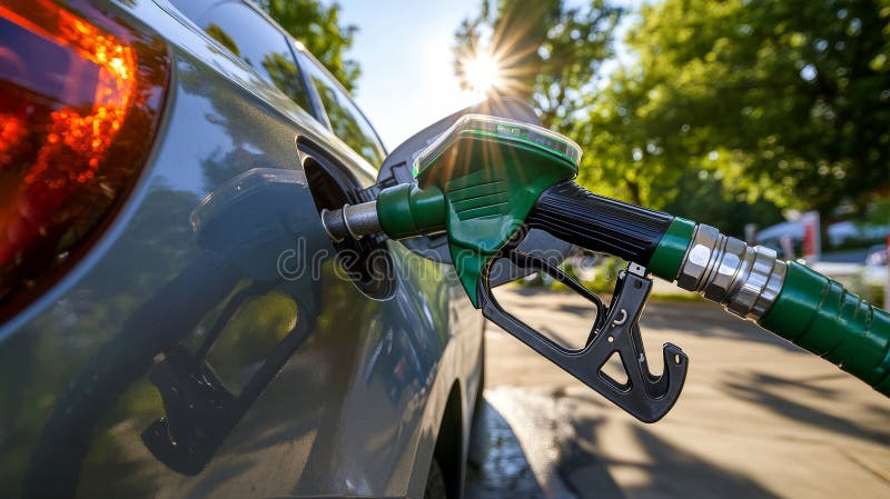 Fueling Up Silver Car Getting Gasoline from a Green Nozzle, Sun, and ...