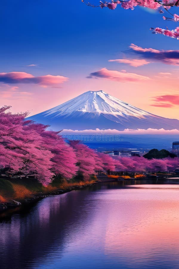 Fuji Mountain and Cherry Blossoms in Spring, Japan Stock Illustration ...