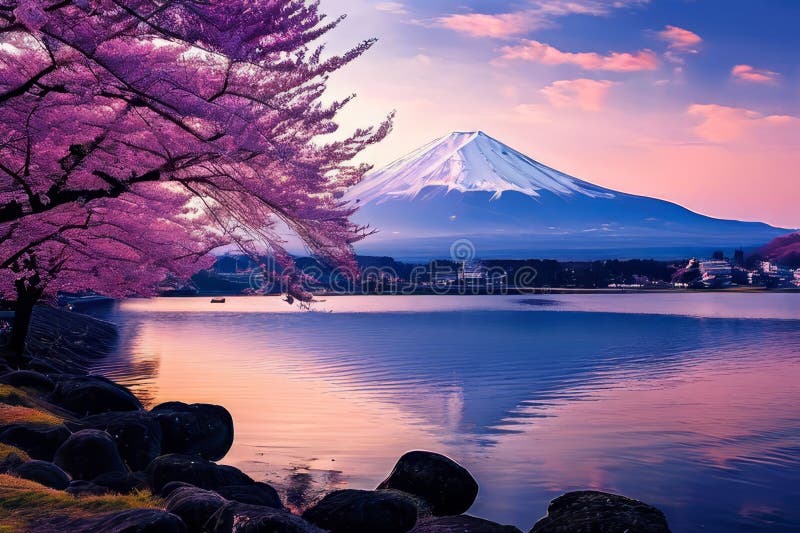 Fuji Mountain and Cherry Blossoms in Spring, Japan Stock Illustration ...