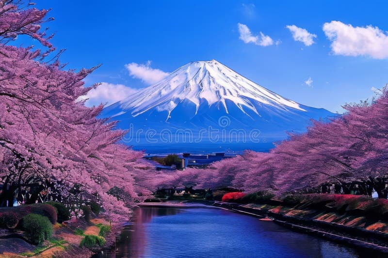 Fuji Mountain and Cherry Blossoms in Spring, Japan Stock Illustration ...