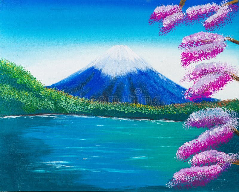 Fuji mountain painting stock photo. Image of style, sakura - 81369404