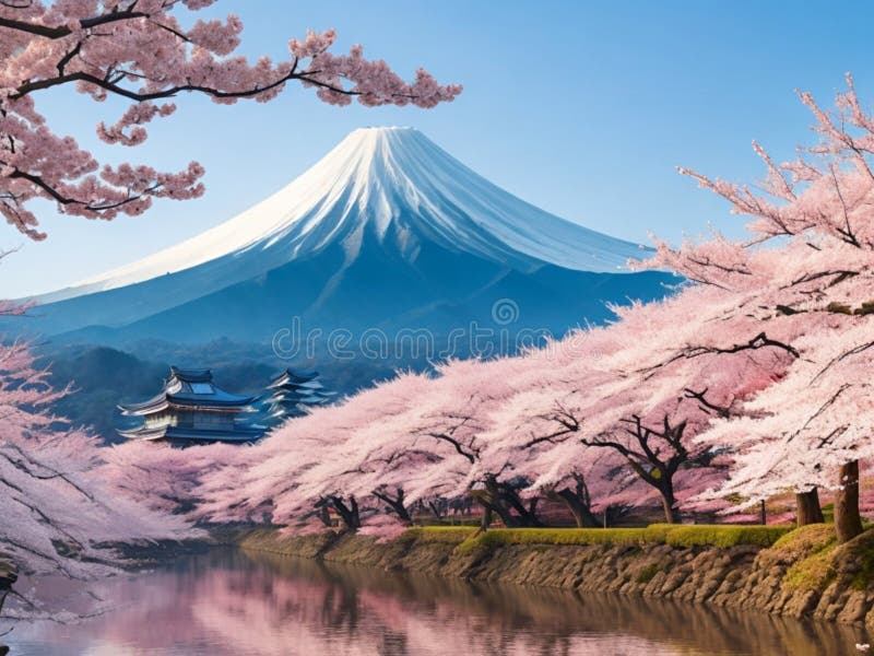 Fuji Mountain with Sakura Blossom at Spring in Japan Stock Illustration ...