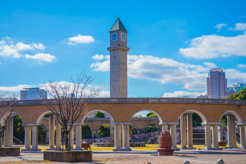 Fukuoka Clock Tower and Park Stock Image - Image of blue, architecture ...