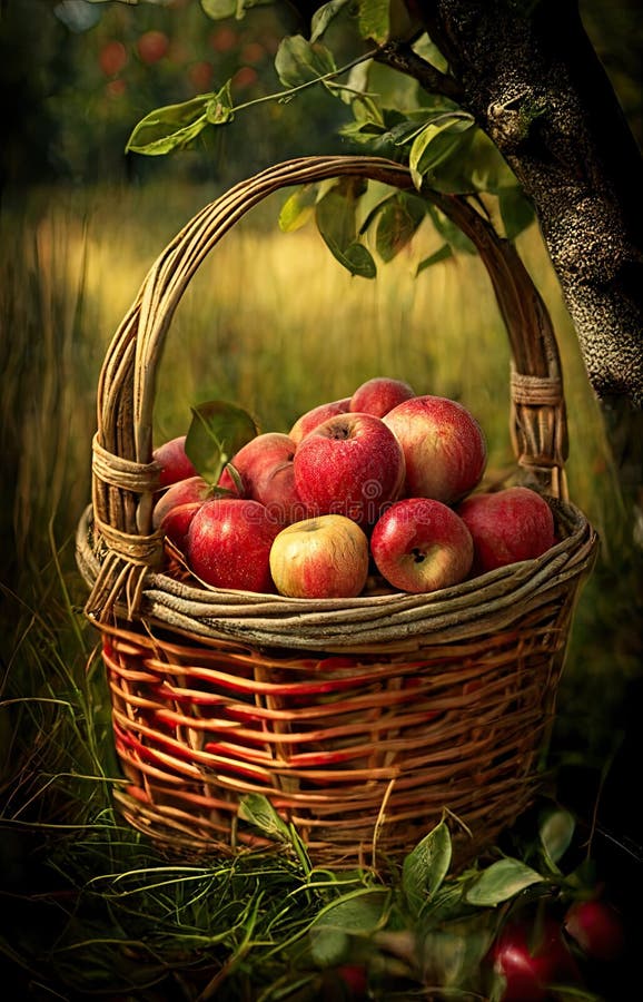 Full Apple Basket in Orchard . Ai Generative Stock Illustration ...