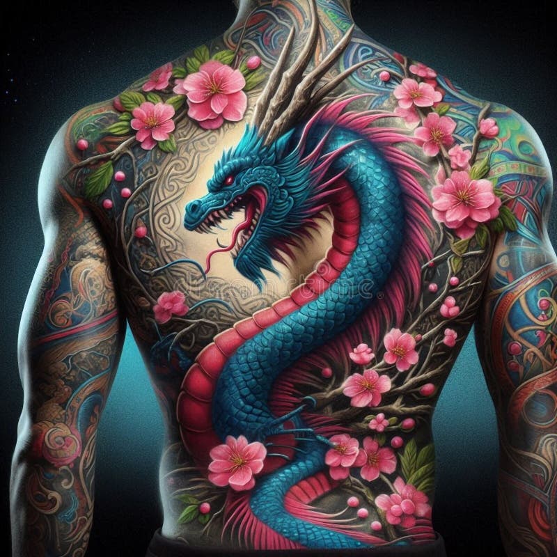 A Full Back Tattoo of a Celtic Dragon and Cherry Blossoms. Stock ...