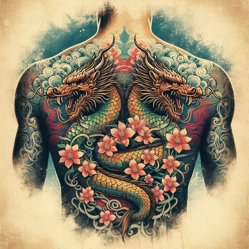 A Full Back Tattoo of a Celtic Dragon and Cherry Blossoms. Stock ...