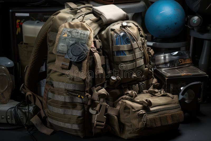 Full Backpack, with Gear and Supplies Visible, in Combat Zone Stock ...