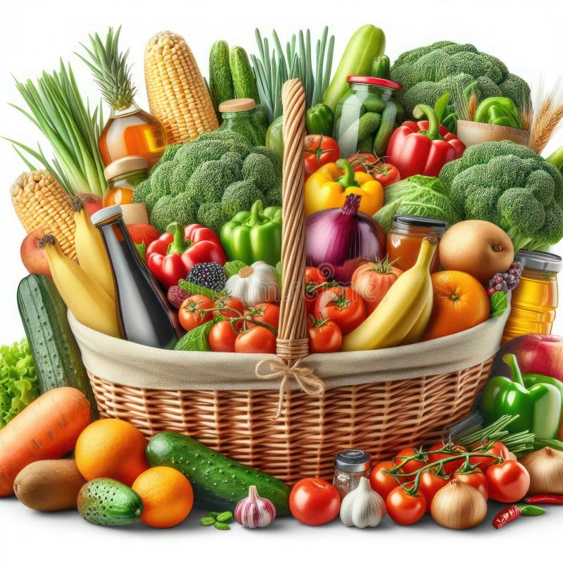 A Full Basket Filled with Vegetables and Fruits. Stock Illustration ...
