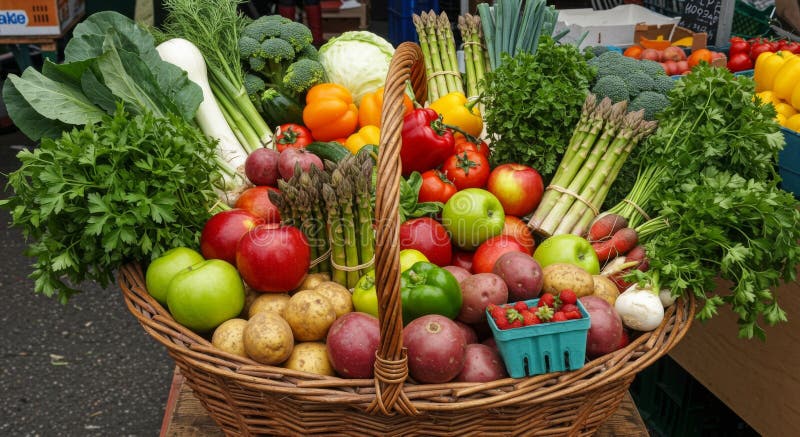 Full Basket of Fresh Colorful Vegetables and Fruits Stock Illustration ...
