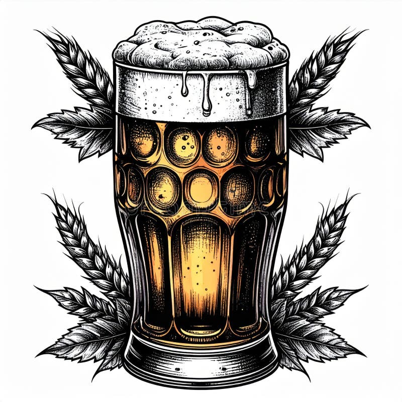 Full Beer Glass with Wheat and Hops Illustration Stock Illustration ...