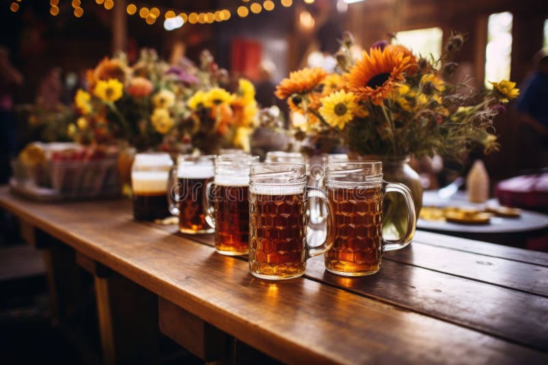 Full Beer Mugs on Rustic Festival Tables Stock Image - Image of party ...