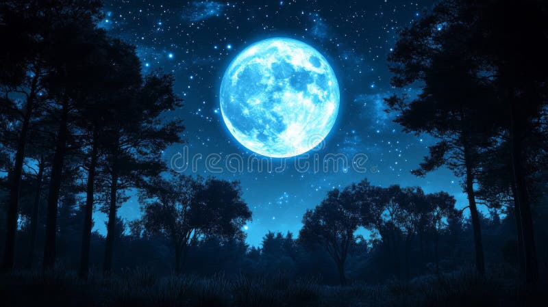 Full Blue Moon Night in a Dark Forest Stock Illustration - Illustration ...