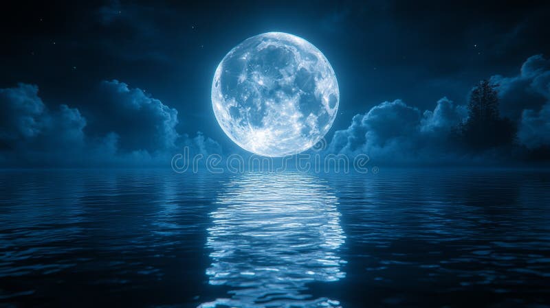 Blue Moon Over Cold Night Sea Stock Illustration - Illustration of ...