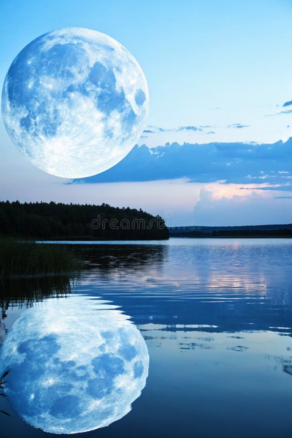 Full Blue Moon Over Water with Reflections Stock Illustration ...