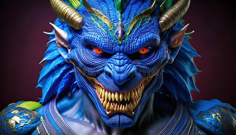 A Blue Dragon S Face with Sharp Teeth and Piercing Eyes. Stock ...
